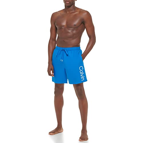 Calvin Klein Men's Standard UV Protected CK Logo Print Quick Dry Swim Trunk, Lake, XX-Large