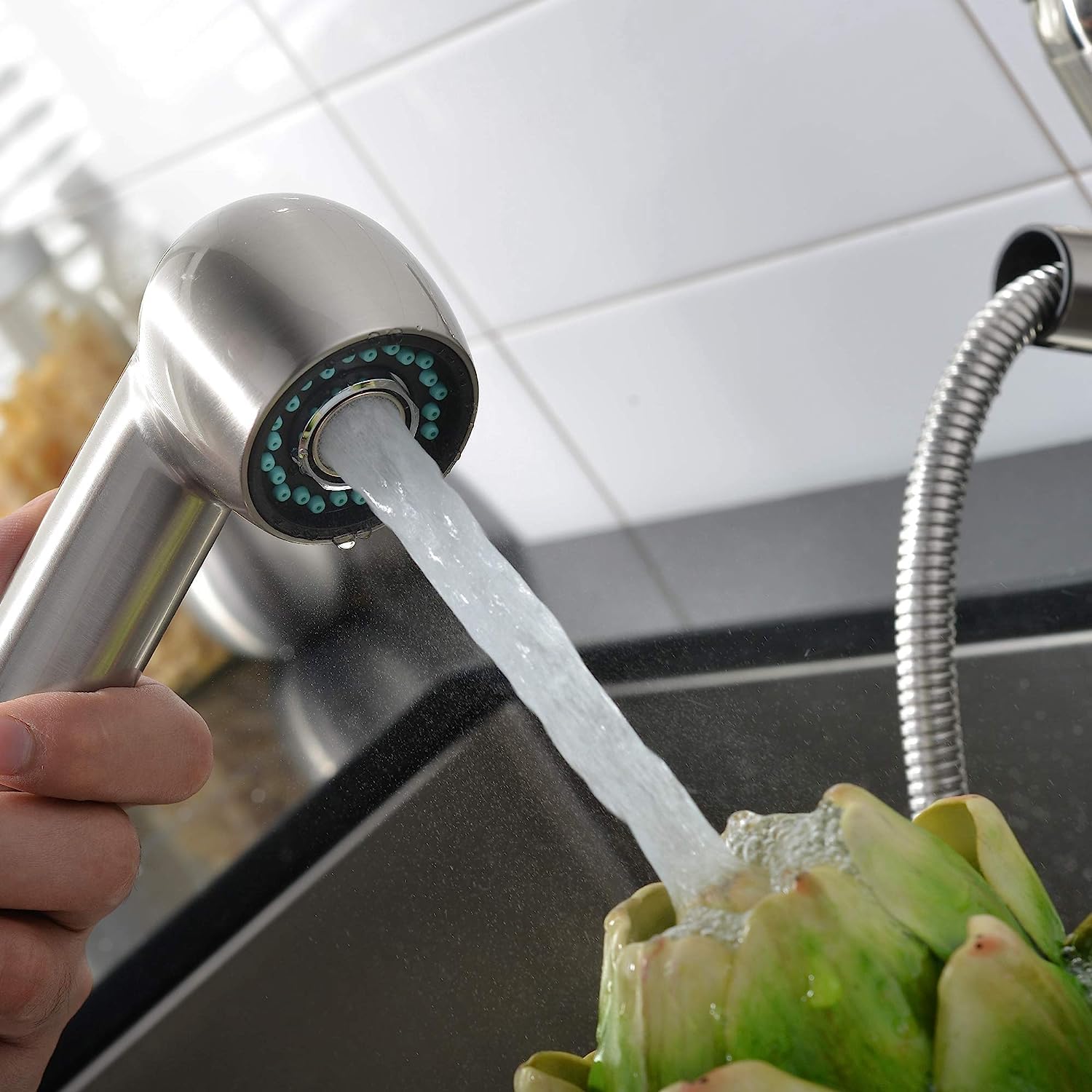 Comllen Commercial Small Kitchen Faucet Brushed Nickel, Stainless Steel Single Handle Pull Out Kitchen Sink Faucet, Single Hole Low Kitchen Faucets with Sprayer