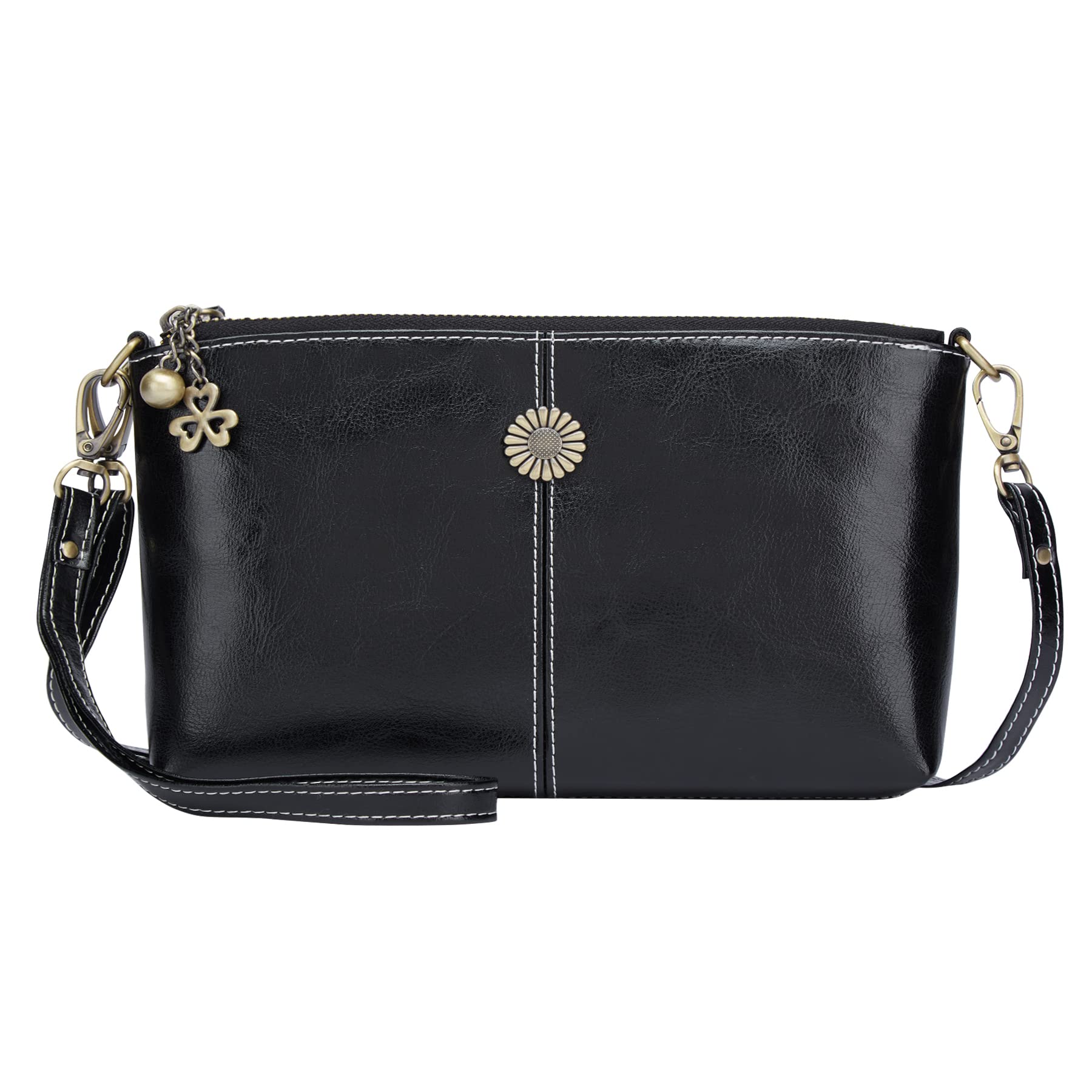 Perenne Small Crossbody Purses for Women Clutch Crossbody Bag Wristlet Handbags Large Capacity Genuine Leather Double Zipper with Wrist Shoulder Strap Black