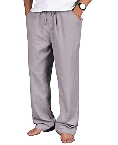 Men's Drawstring Loose Linen Beach Pants Lightweight Elastic Waist Yoga Lounge Cotton Trousers Pajamas (Grey, Large)