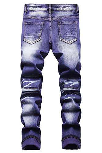 Men's Ripped Distressed Destroyed Straight Slim Fit Denim Jeans,705 Purple,Size 32