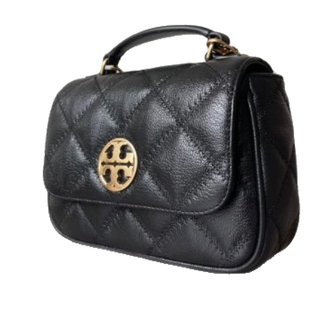 Tory Burch 87861 Black With Gold Hardware Diamond Quilted Leather Willa Mini Women's Top Handel Bag