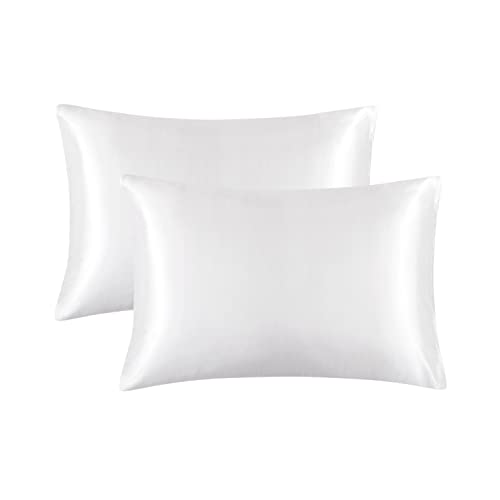 HommxJF White Satin Pillowcase Standard Set of 2 with Envelope Closure，White Silk Pillowcase for Hair and Skin (20x26)