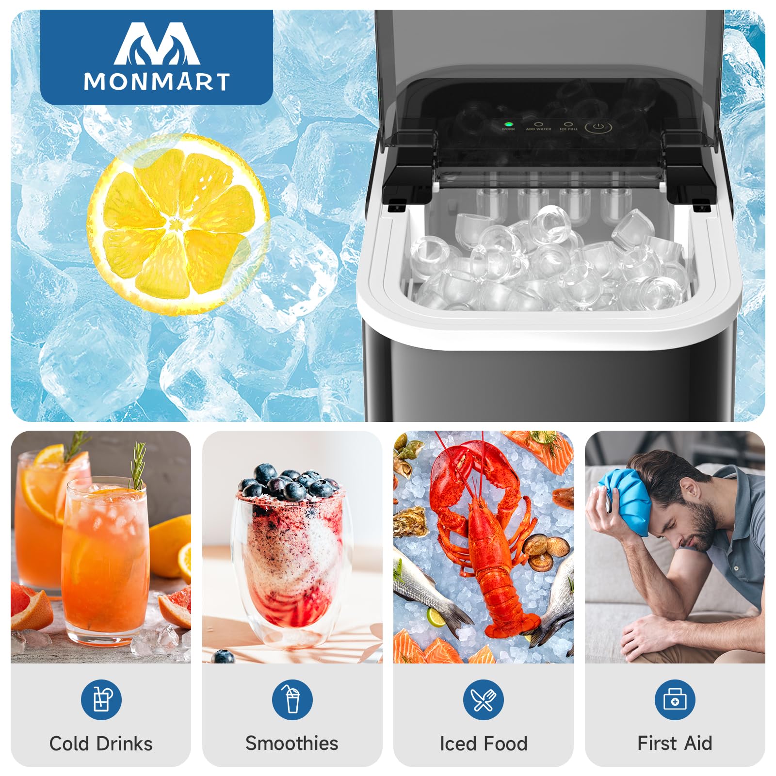 Ice Maker Countertop, Portable Ice Maker Machine with Handle, 26.5lbs/24Hrs, 8 Cubes in 6 Mins, Self-Cleaning Ice Makers for Home/Kitchen/Office/Bar