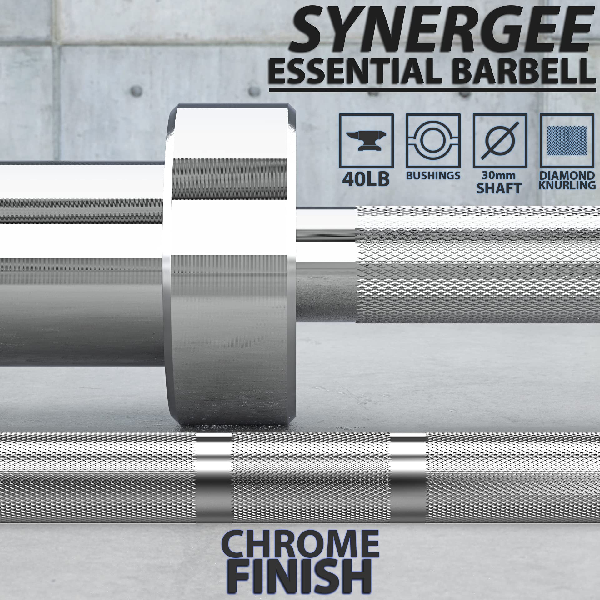 Synergee Essential 40lb Chrome Olympic Barbell. Great for Weightlifting, Powerlifting and Crossfit