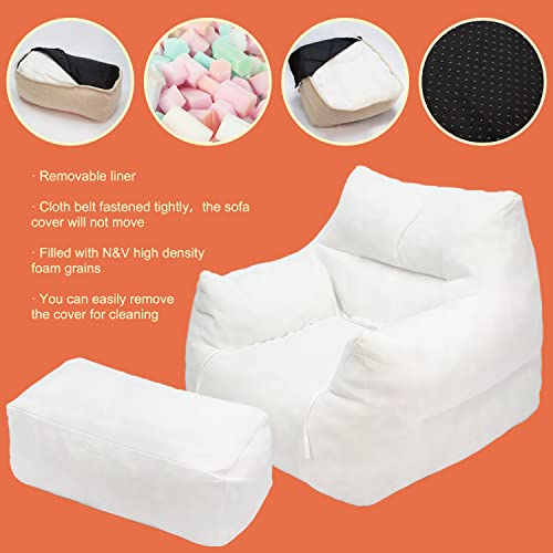 N&V Bean Bag Chair Giant High-Density Foam Filling Sofa with Foot Stool Includes Removable and Machine Washable Cover for Teens, Adults to Gaming, Reading, and Watching TV (Light Khaki)