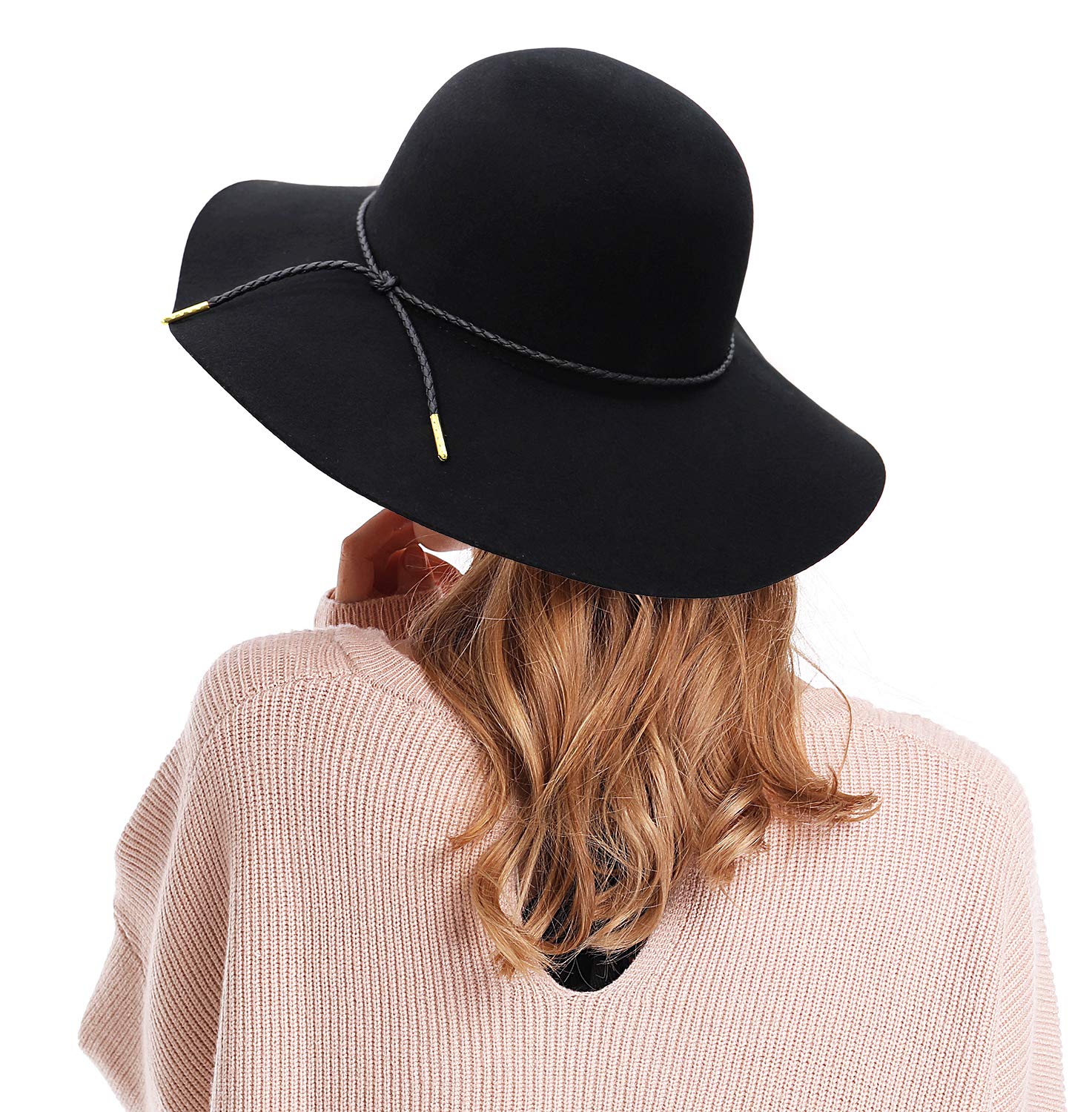 Bienvenu Women's Wide Brim Wool Ribbon Band Floppy Hat Black