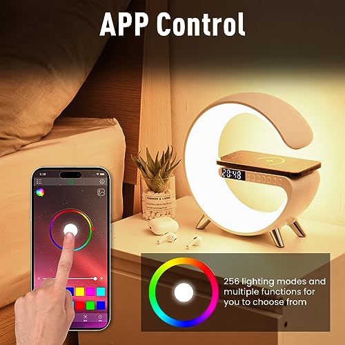 KISSONU Led Night Light Intelligent Atmosphere Lamp Wireless Charger Bedside Lamp Sunrise Wake-Up Lamp Polar Lamp Alarm Clock App Control for Heavy Sleepers Adults for Bedroom Dorm Gift (White)