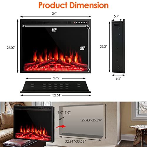 GOFLAME 34 Inch Electric Fireplace Insert, Freestanding & Recessed Ultra Thin Electric Fireplace with 5100 BTU Heat Output, 4 Flame Bed & Flame Colors, Remote Control, Overheat Protection, 750W/1500W
