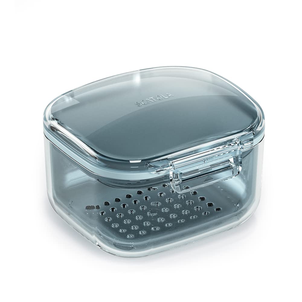Denture Case, Retainer Case, Denture Bath Box Cup with Strainer basket, Cute Denture Holder Storage Soak Container for Travel Cleaning, Exquisite Retainer cleaner Case, Mouth Guard Case (Blue)