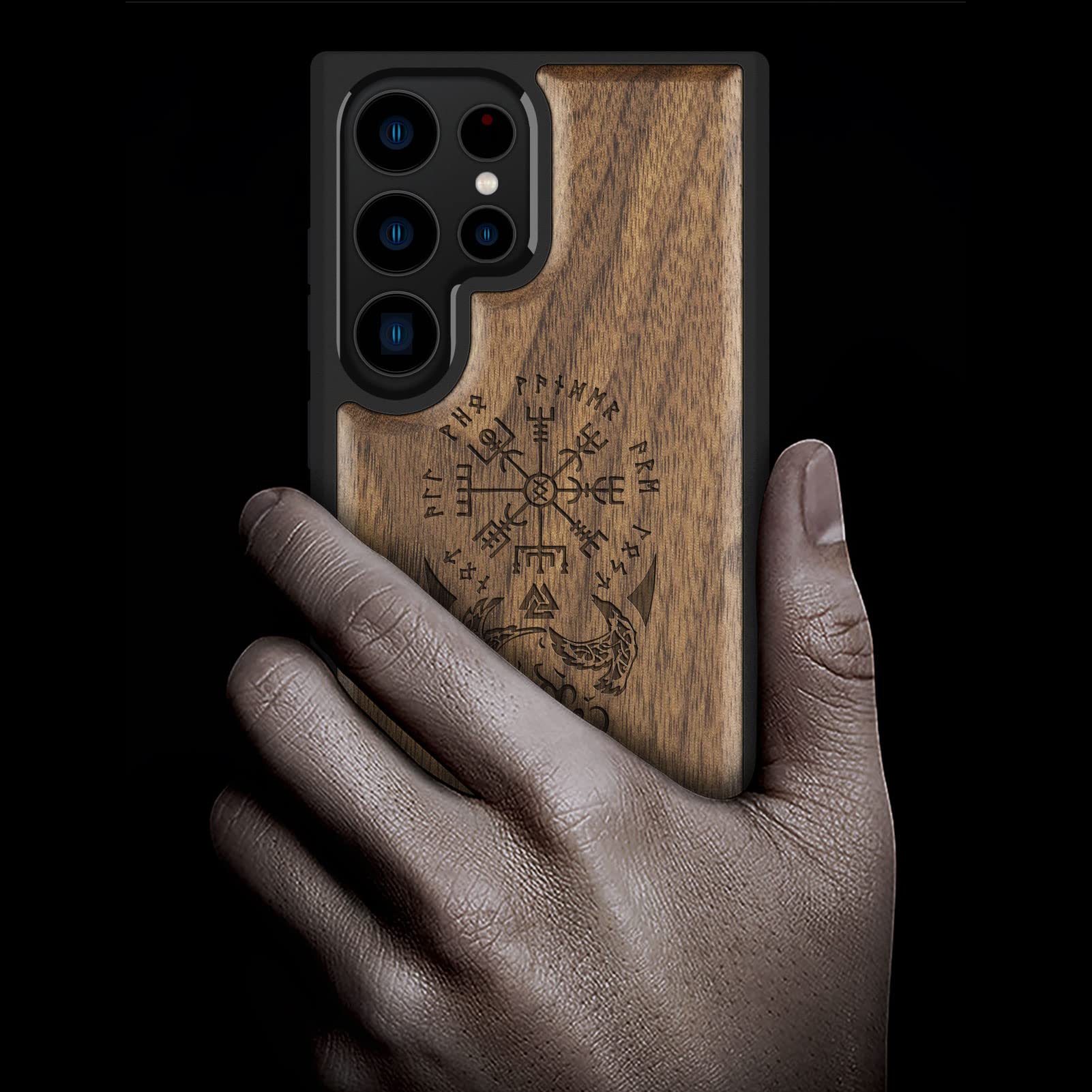Carveit Wood Case for Galaxy S23 Ultra Case 2023 [Natural Wood & Black Soft TPU] Shockproof Protective Cover Unique & Classy Wooden Case Compatible with Samsung S23 Ultra (Viking Compass-Walnut)