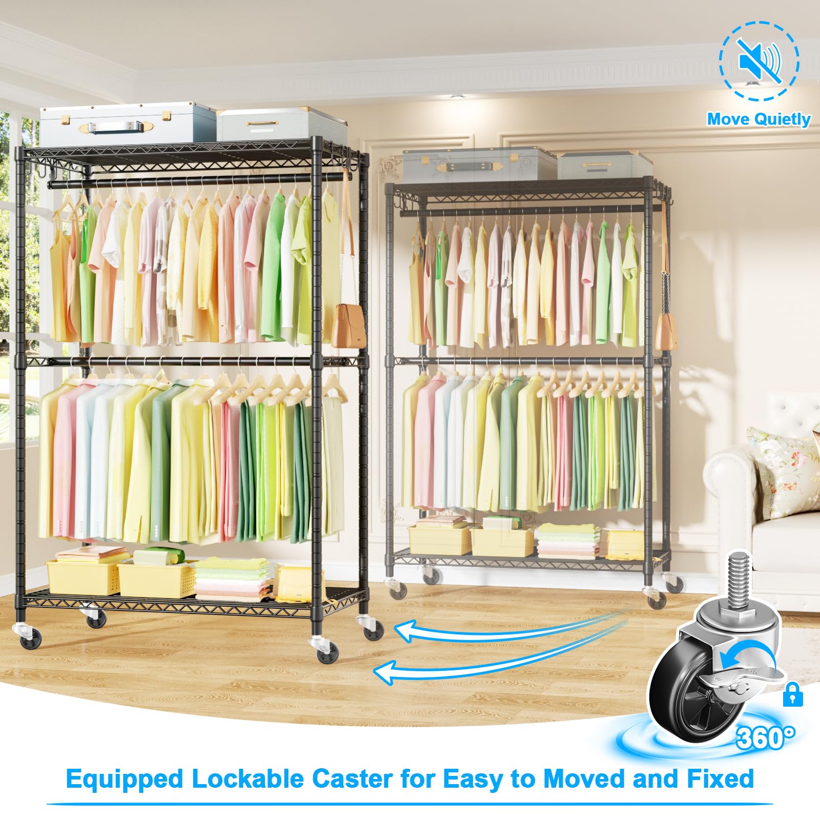 FUTASSI P8 Rolling Clothes Rack,Heavy Duty Clothing Racks for Hanging Clothes,Freestanding Garment Rack with Lockable Wheels,Portable Clothing Rack 45" W x 14" D x 80" H,Max Load 420LBS,Black