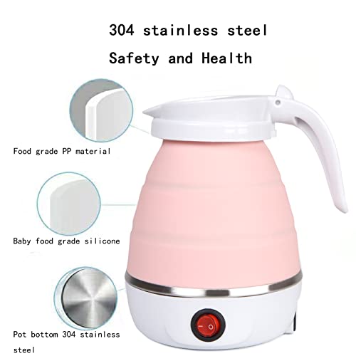 Travel Kettle Electric Small Foldable Portable Kettle,Silicone Collapsible Heating Water Boiler Tea Pot for Camping,Easy for Storage with Separable Power Cord (Pink)