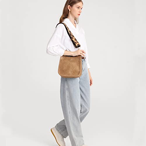 NOL Natural Organic Lifestyle Women Crossbody Handbag Retro Vegan Leather Messenger Bag with Romovable Leopard Shoulder Strap (New mustard small)