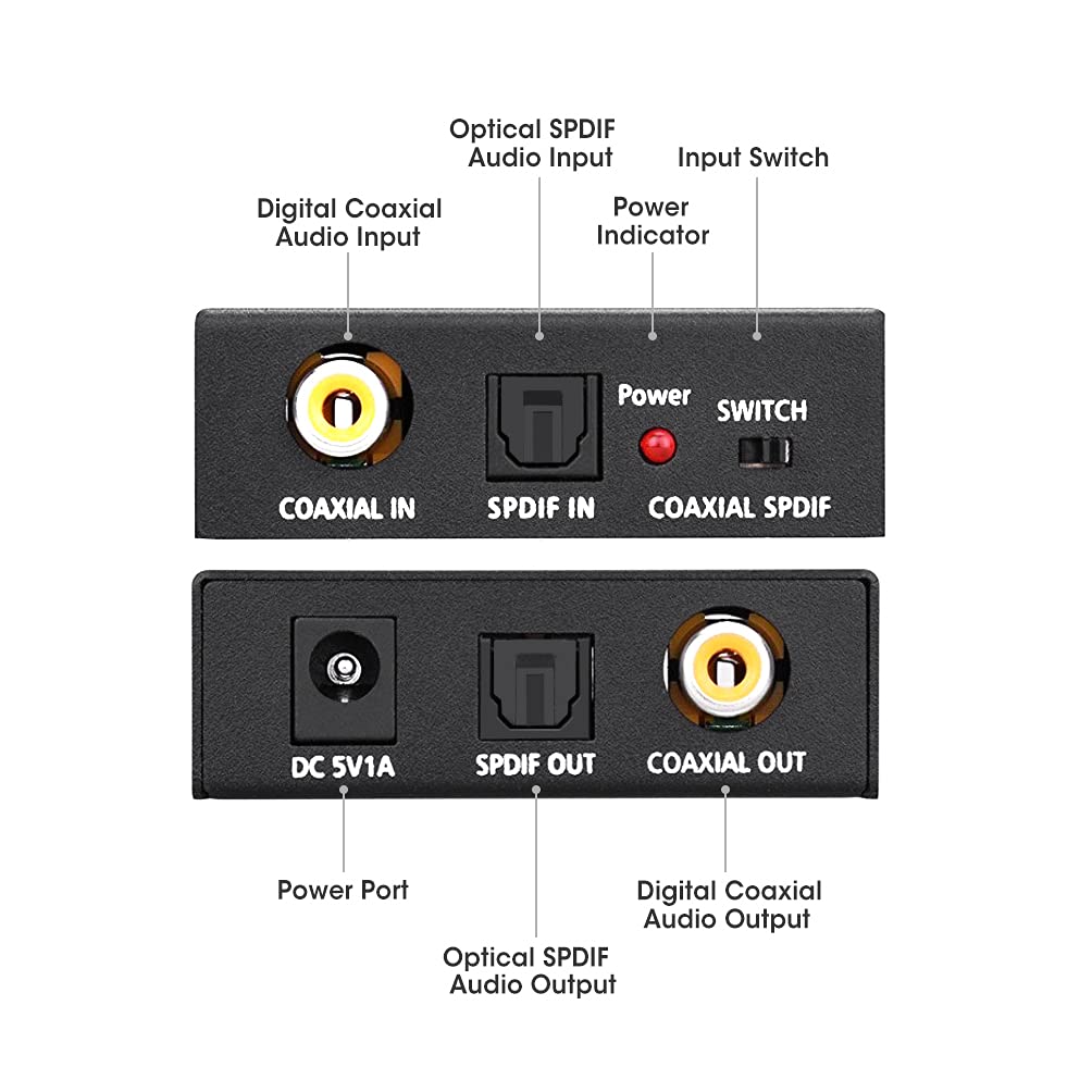 Optical-to-Coaxial OR Coaxial-to-Optical Digital Audio Converter, ROOFULL Bi-Directional Digital Coaxial to/from Optical Toslink SPDIF Audio Converter/Adapter/Repeater