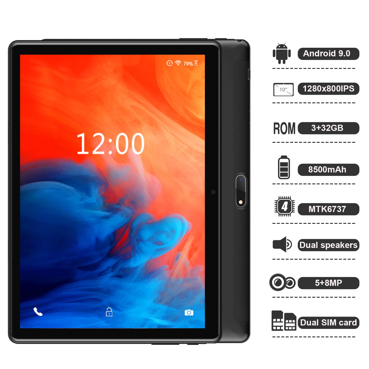 DUODUOGO Tablet 2 in 1, Tablet 10.1 inch Android 9 with Keyboard, Mouse Stylus Case, 3GB + 32GB(128GB Expand) 4G SIM+WiFi, Quad-Core Processor, HD Touch Screen, GMS Certified, DGO-A38 (Black)