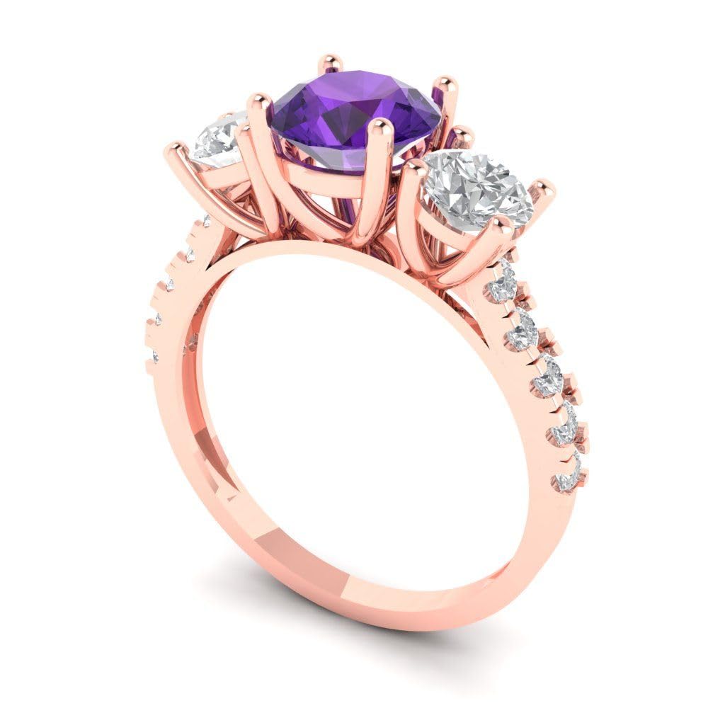 Clara Pucci 2 ct Round Cut Solitaire 3 stone accent Natural Amethyst gemstone Designer Anniversary Bridal Engagement Ring 14k Rose Gold