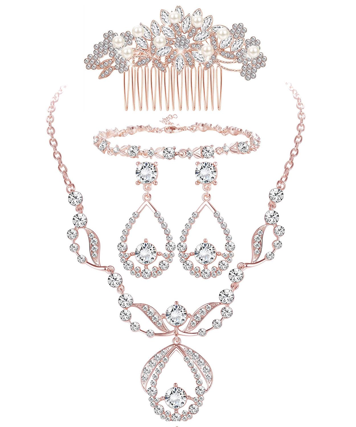 ORAZIO Crystal Bridal Jewelry Set for Prom Wedding Bride Bridesmaids Vintage Rhinestone Necklace Earrings Bracelet Comb for Women,Rose Gold