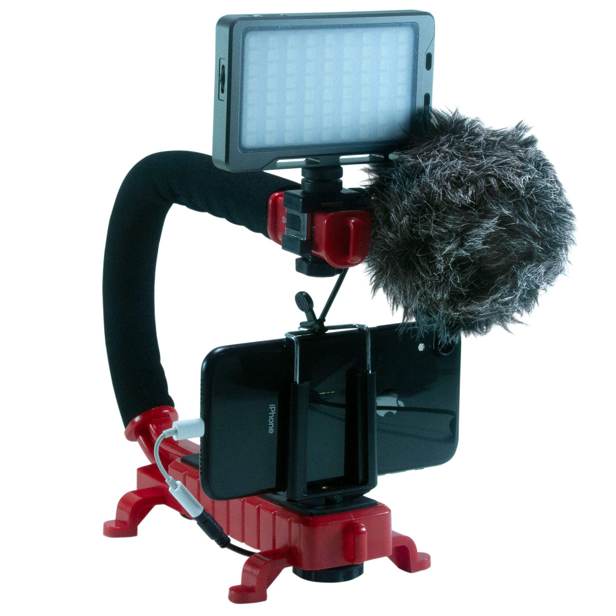 CAM CADDIE U-Grip Pro Handheld Video Rig Steadicam with Triple Cold Shoe, Stabilizing Handle Grip Compatible for iPhone 12 11 Pro Max Xs 8 7 plus GoPro Canon Nikon Sony DSLR Cameras Red Action Edition