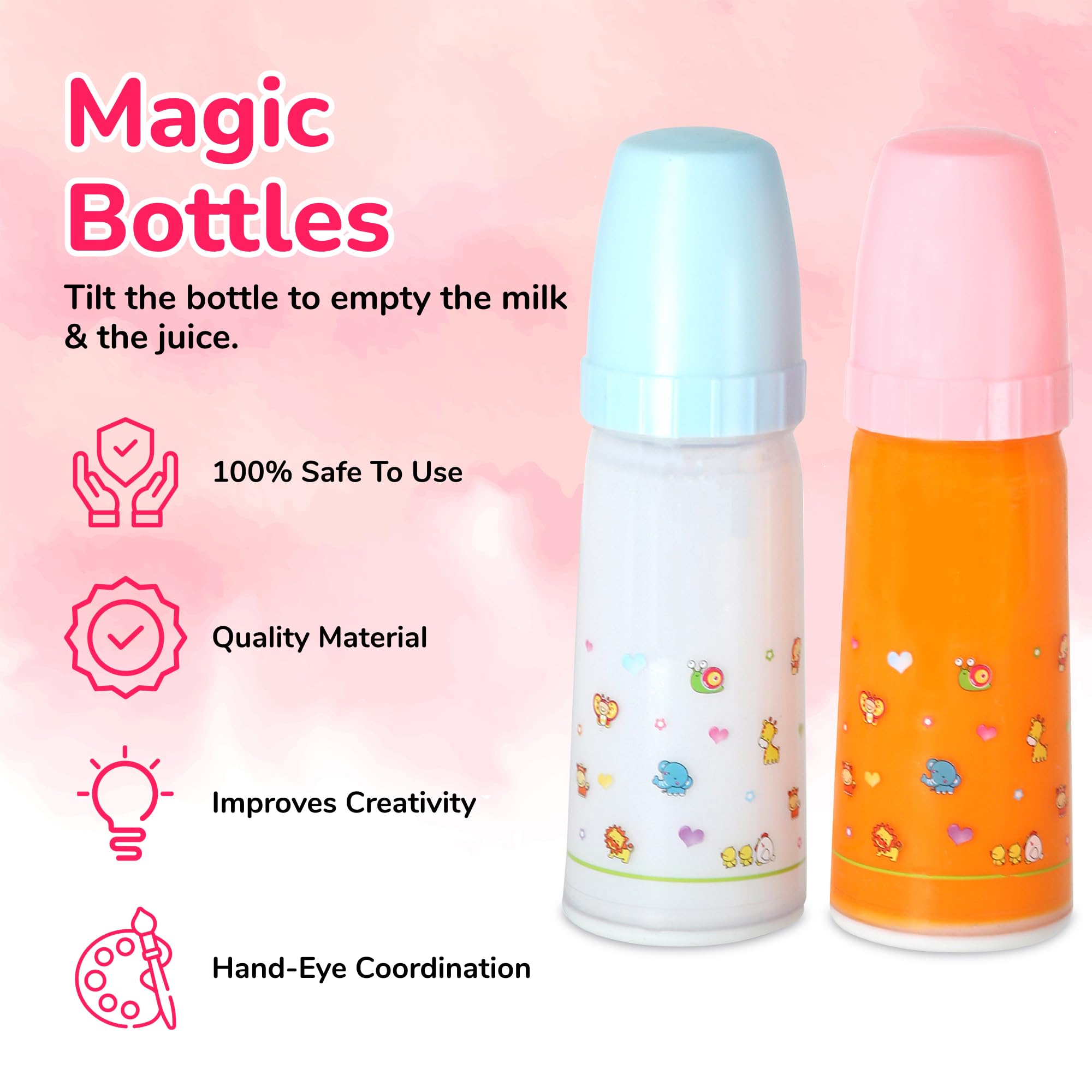 Mommy & Me Magic Bottles - 2 Baby Doll Bottles, Disappearing Milk and Juice Bottles Large Size Especially Bigger for Toddlers