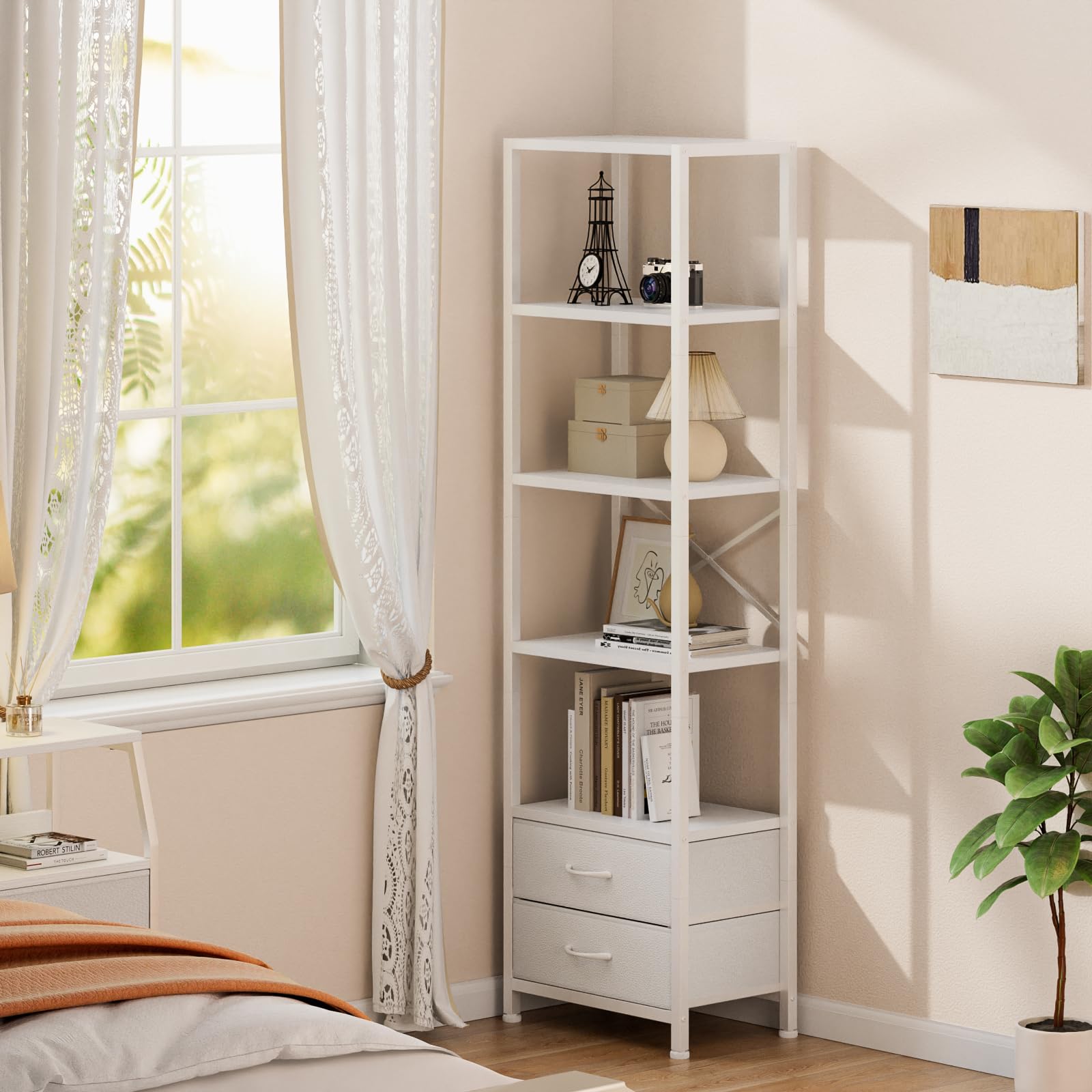 Furnulem 5-Tier Corner Shelf, Narrow Bookshelf with 2 Storage Drawers, Tall Bookcase, Standing Shelf Organizer Unit for Living Room, Bedroom, Metal Frame, Wood Display Shelf(White)