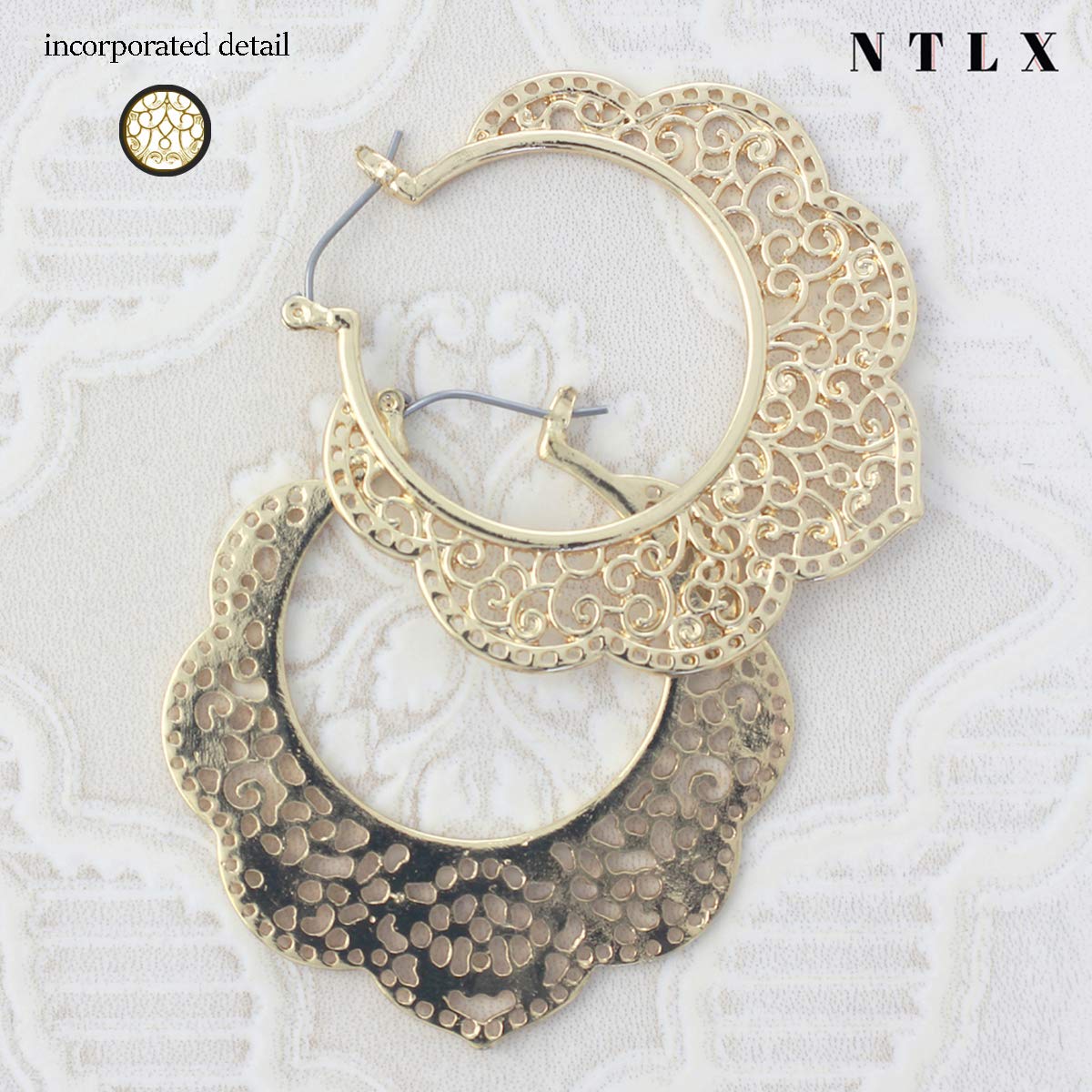 Bohemian Boho Filigree Hoop Earrings for Women – Intricate & Delicate Cutout Design Details – Tribal Floral Gypsy Lightweight Geometric Metallic Statement Earrings (Outer Floral - Gold)