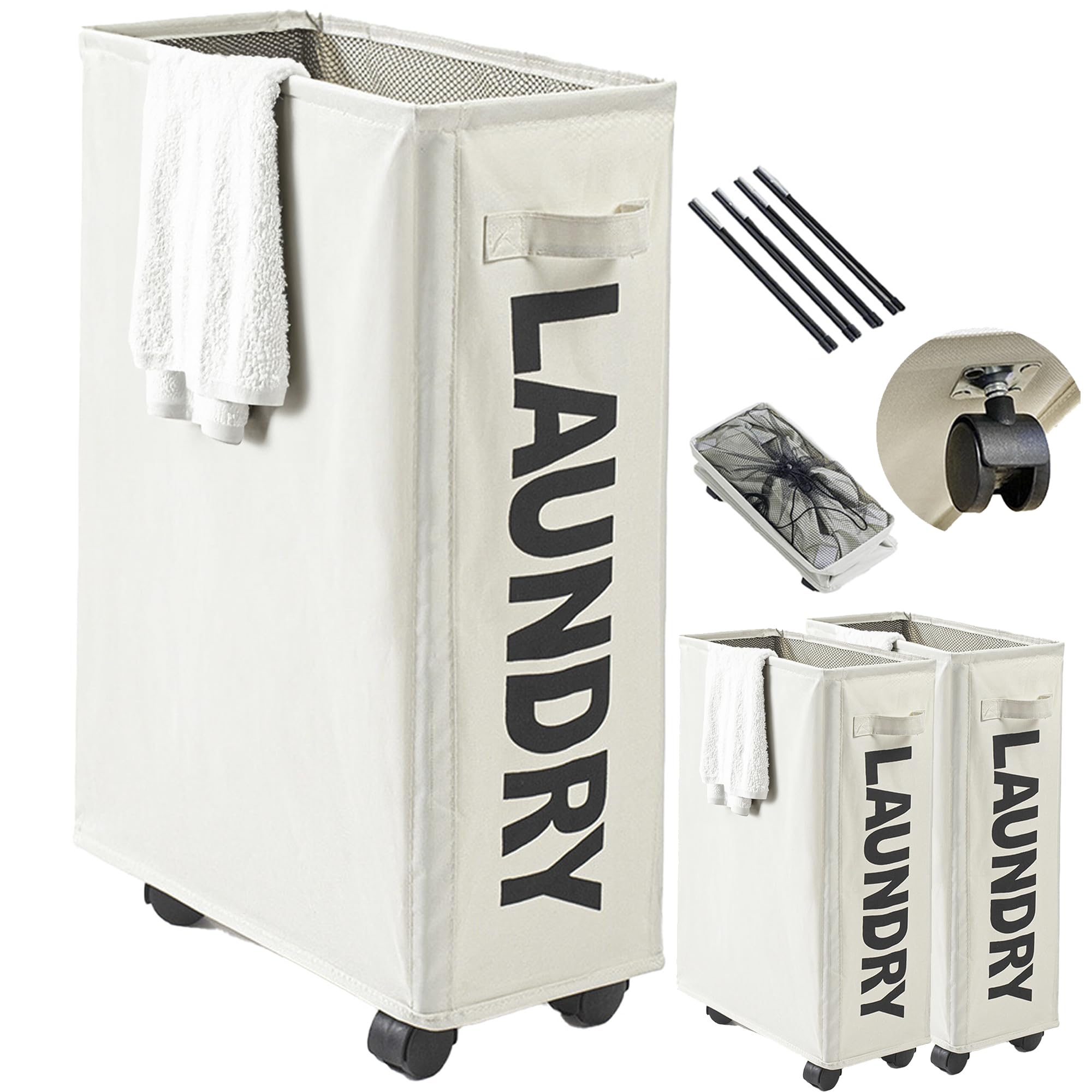 Laundry Basket, (2PACK) Slim Laundry Basket on Wheels - Foldable & Waterproof Rolling Hamper for Clothes, Hampers for Bedroom Aesthetic Yoga Mat Gym Gear and More | Easy Assembly Hamper