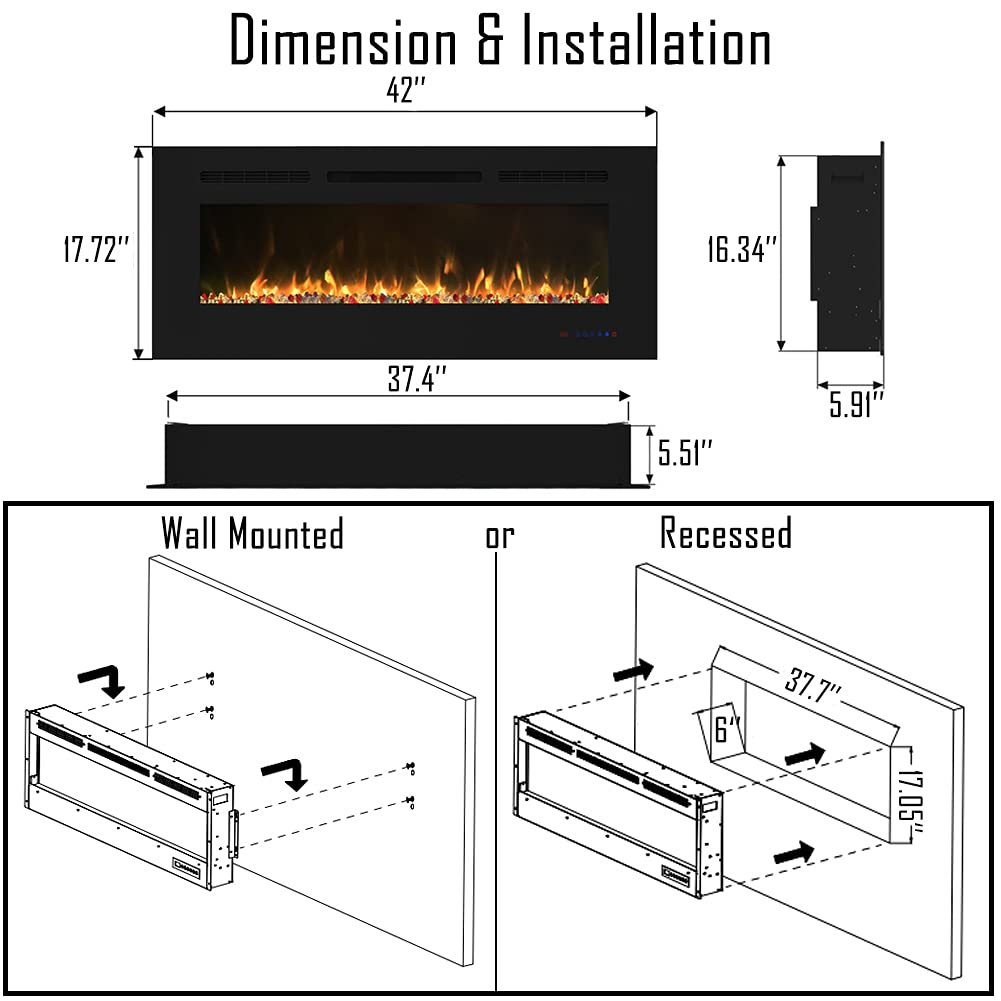 Cheerway 42 inch Electric Fireplace with Heater, Wall Mounted & Recessed Electric Fireplace Insert, Linear Wall Fireplace w/Thermostat, 13×13 Flame Color, Remote & Touch Control w/Timer, 750W/1500W