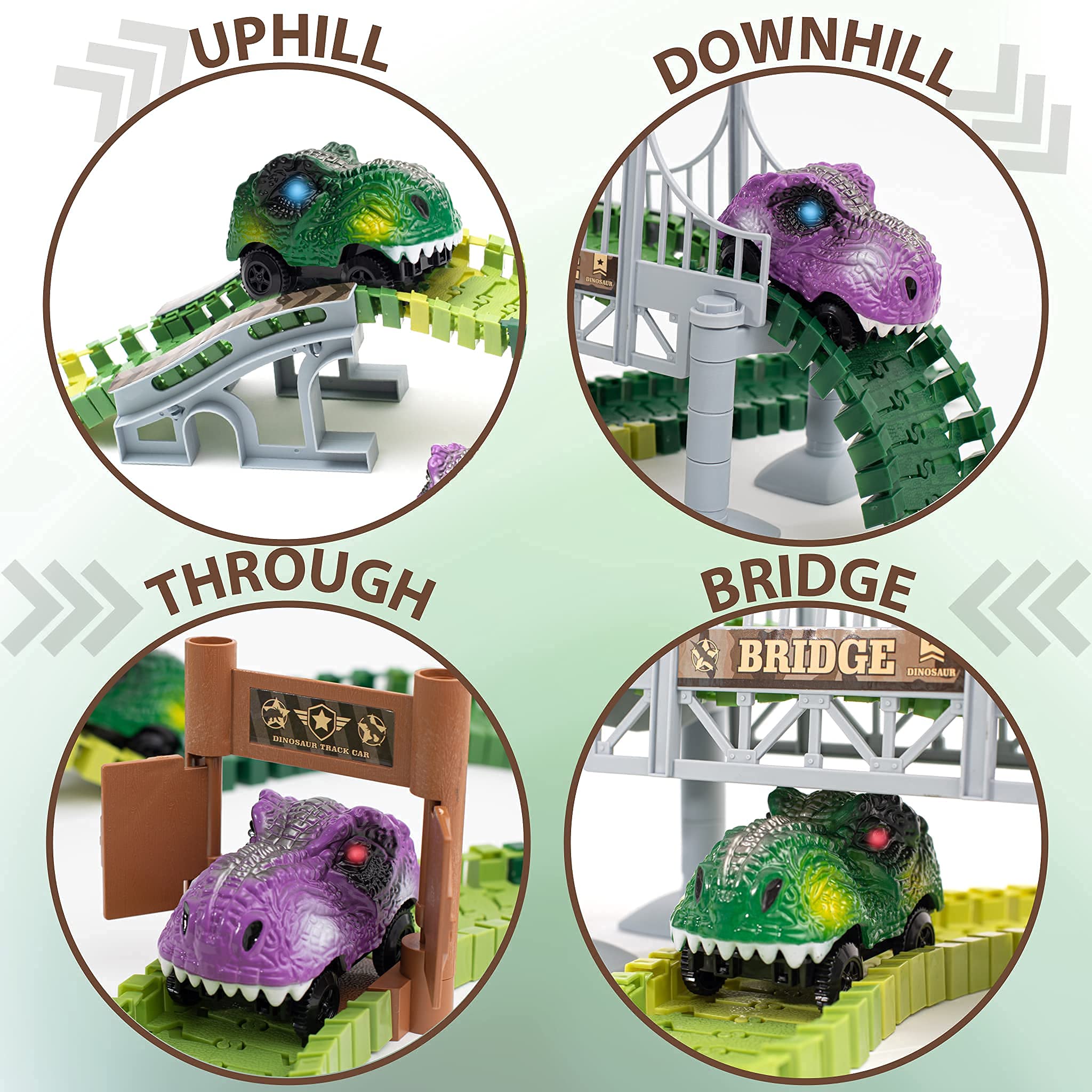 TOYLI Dinosaur Race Track Set 182 Pieces, Dino Track Flexible Dinosaur Road Race Playset with Bridge, Ramps, Dinosaur Track Toy Set is a Great 3 Year Old boy Gift.