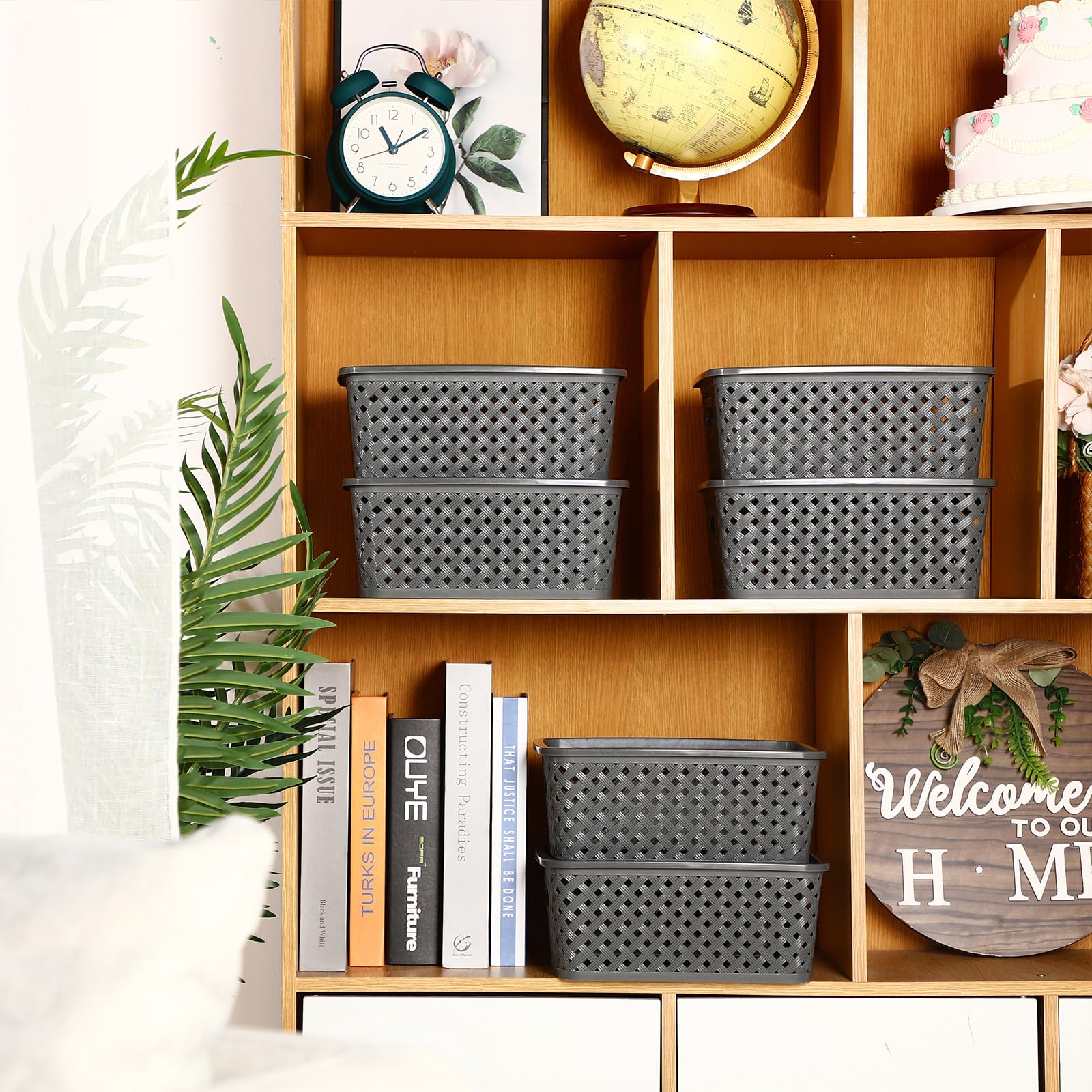 FoldTier 6 Pack Plastic Storage Baskets Stackable Organizing Container Knit Storage Organizer Bins for Shelves Drawers Cabinet Desktop Closet Playroom Classroom Office (Beige,Medium)