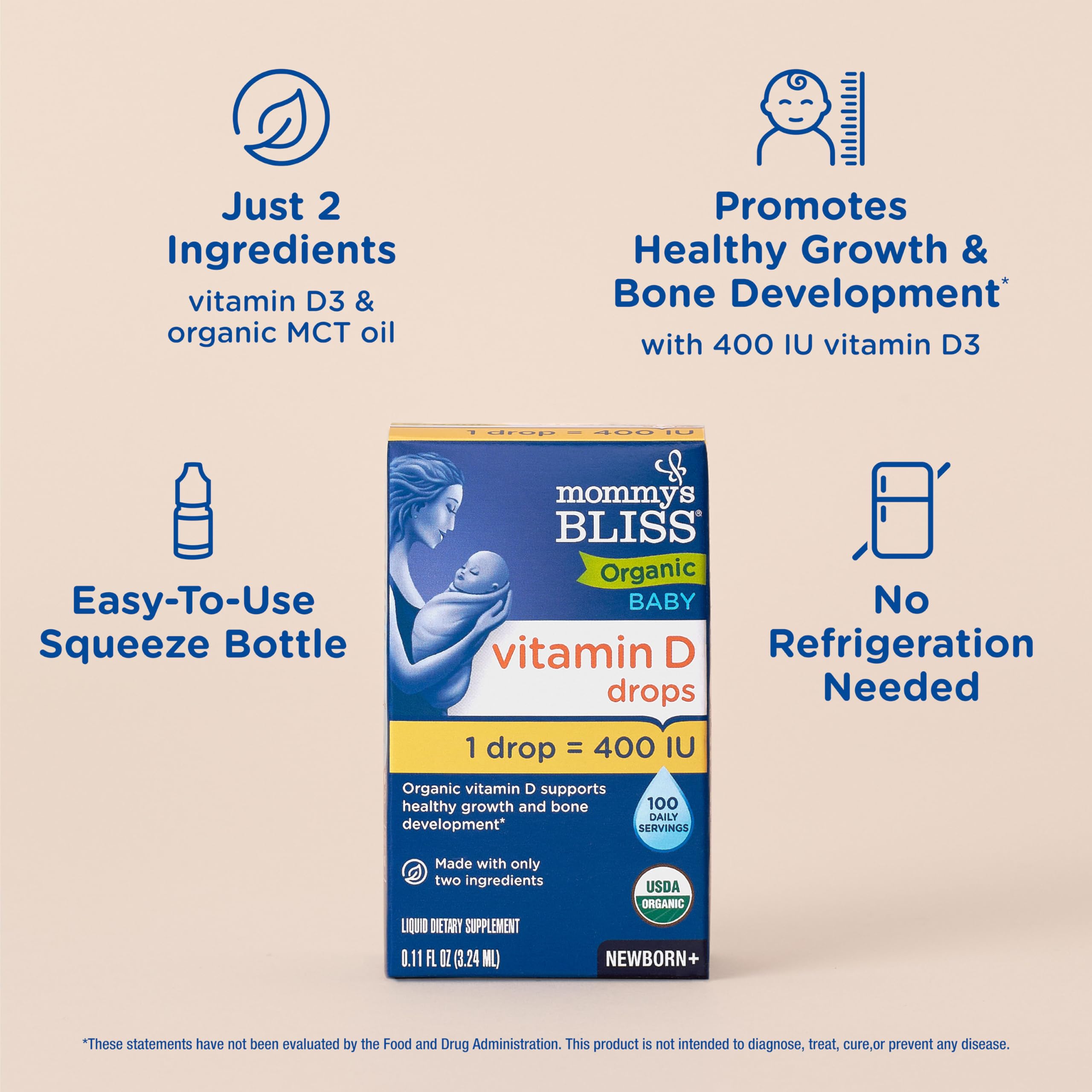Mommy's Bliss Organic Baby Vitamin D Drops, Promotes Healthy Growth and Bone Development, Supports Immunity, Age Newborn+, 45 Servings, Pack of 4
