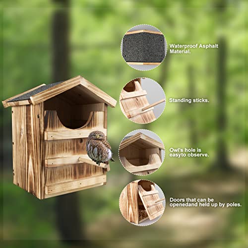 Honfenfa Owl House ,Barn Owl Bird House,Owl Nesting Box,Large Handmade Wooden Rectangular Opening Bird Box,with Mounting Screws,with Mounting Screws and A Bag of Wood Shavings, Easy Assembly Required