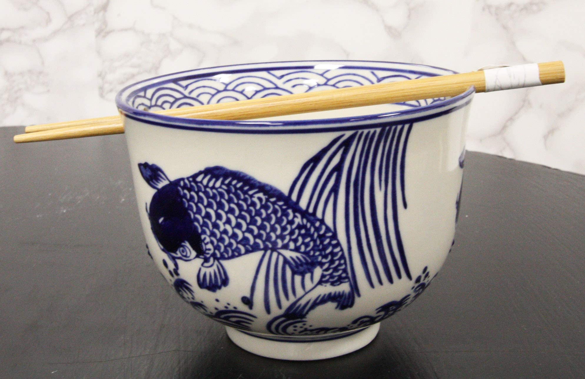 Ebros Ming Style Zen Blue White Koi Fishes By Waterfall Ramen Udong Noodles 5" Diameter Bowl With Built In Chopsticks Rest and Bamboo Chopstick Set for Dining Soup Rice Meal Cereal Bowls Decor Kitchen