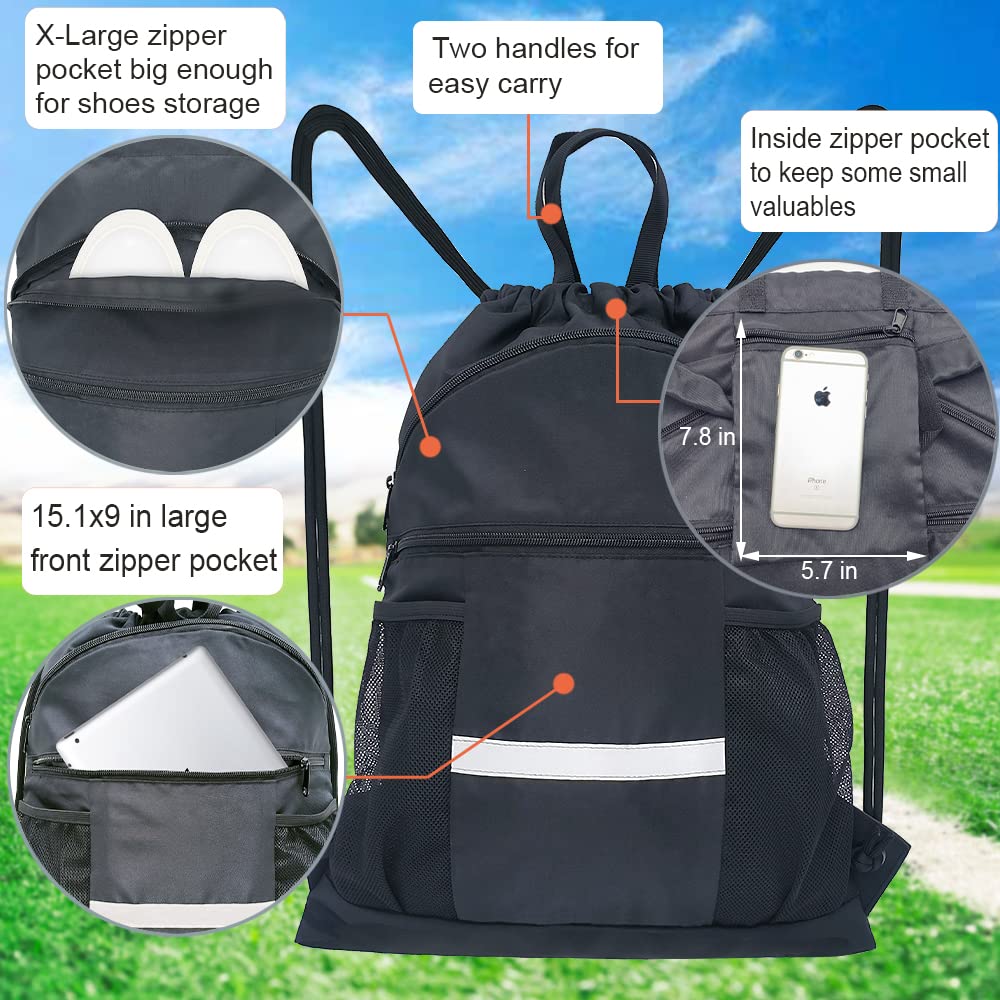 CALACH Drawstring Backpack Sports Gym Bag with Shoe Compartment, X-Large String Bag for Women Men with Zipper Pockets and Mesh Pockets (Black)