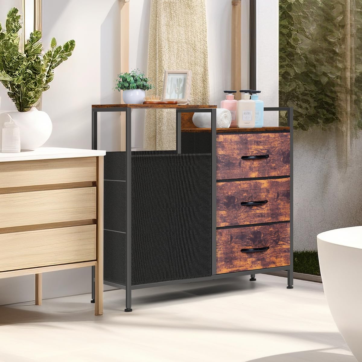 Laundry Hamper, Laundry Basket with Shelves, Laundry Sorter with 3 Tier Sliding Folding Storage Basket, Bathroom Laundry Room Organization and Storage, Dirty Laundry, Towel, Rustic Brown