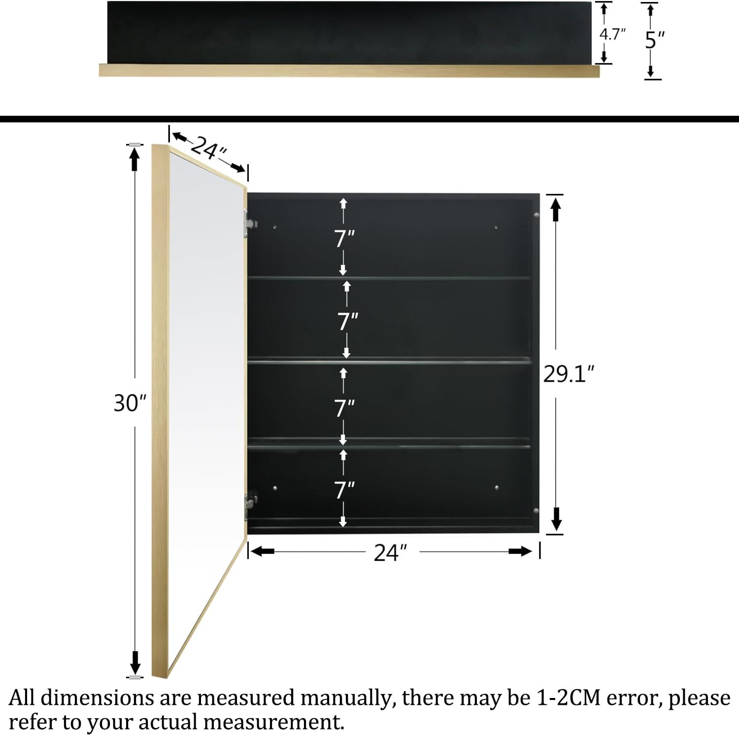 FOMAYKO Bathroom Medicine Cabinet with Aluminum Framed Mirror,24"x30" Surface Mount Bathroom Vanity Mirror,Single Door Gold Bathroom Mirror with Storage Cabinet