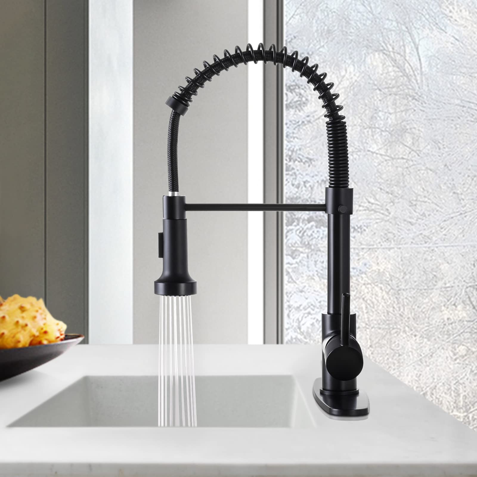 DJS Kitchen Faucets with Pull Down Sprayer Matte Black -【Dual Mode Setting】Single Handle 1 or 3 Holes Commercial Spring Kitchen Sink Faucet with Deck Plate for Farmhouse RV Vessel Basin