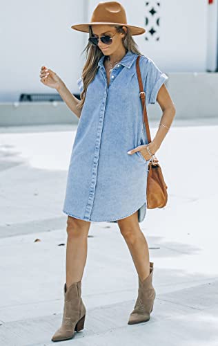 KDF Denim Dress with Pockets for Women Denim Button Down Shirt Jean Dresses for Women 2023 Summer Light Blue Size Small Size 4 Size 6