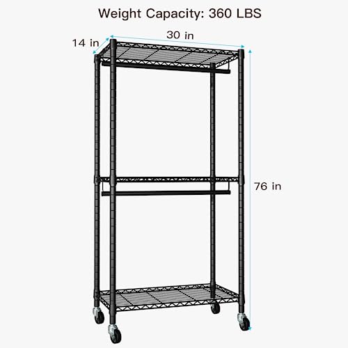 FUTASSI Portable Closets, Heavy-Duty Garment Rack with Shelves and Hanger Rods, Rolling Freestanding Wardrobe System, Clothes Organizers and Storage with 2 Lockable Casters, 30"W x 14"D x 76"H, Black