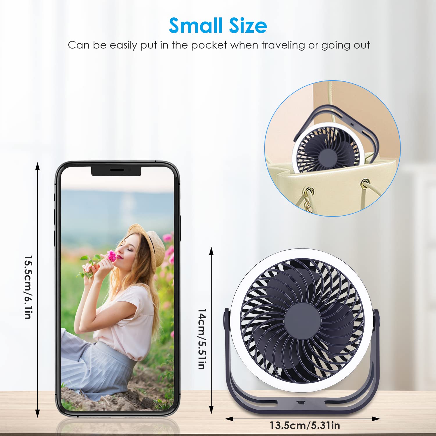 USB Desk Fan,2000mAh Powerful Desktop Table Cooling Fan,Small Personal Fan,USB Rechargeable Mini Fan with 3 speed Strong Airflow for Home Office Desktop Camping,Summer Gift for Friends