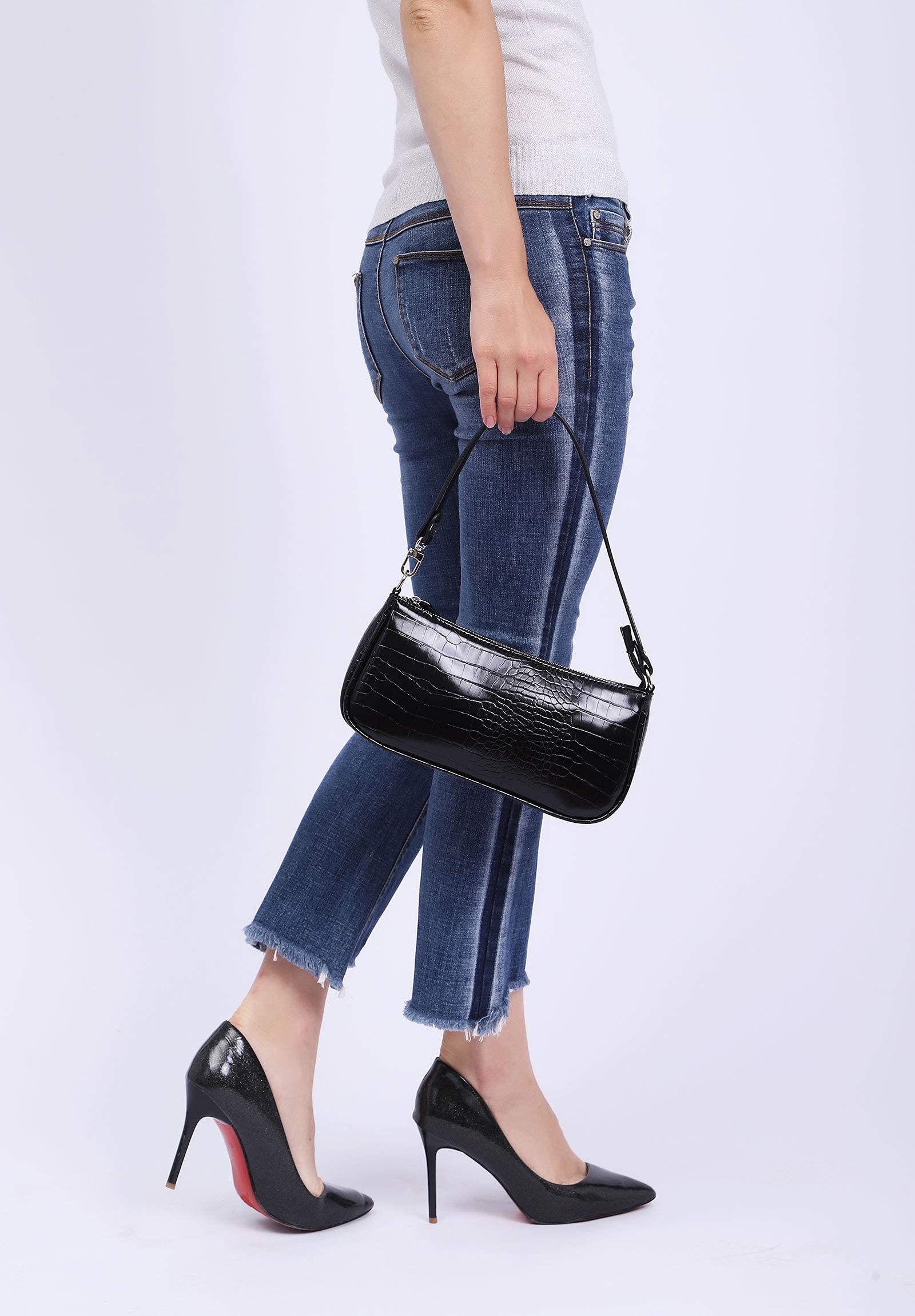 Small Shoulder Bags for Women Mini Handbags with Croc Pattern (Black with Leather Strap)