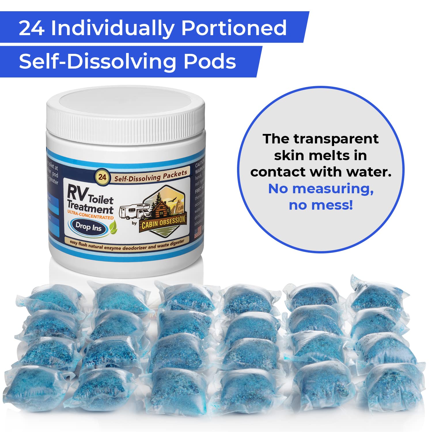 Cabin Obsession RV Toilet Treatment Drop Ins - 24 Easy Flush Self-Dissolving RV Black Tank Treatment Packets - Eliminate Odors and Break Down Waste Within Your RV Holding Tank