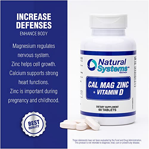 Calcium Magnesium Zinc Vitamin D Supplement 60 Tablets by Natural Systems - Calcium Magnesium Zinc and Vit D Supplements for Strong Immune System - Magnesium Supplement for The Immune System