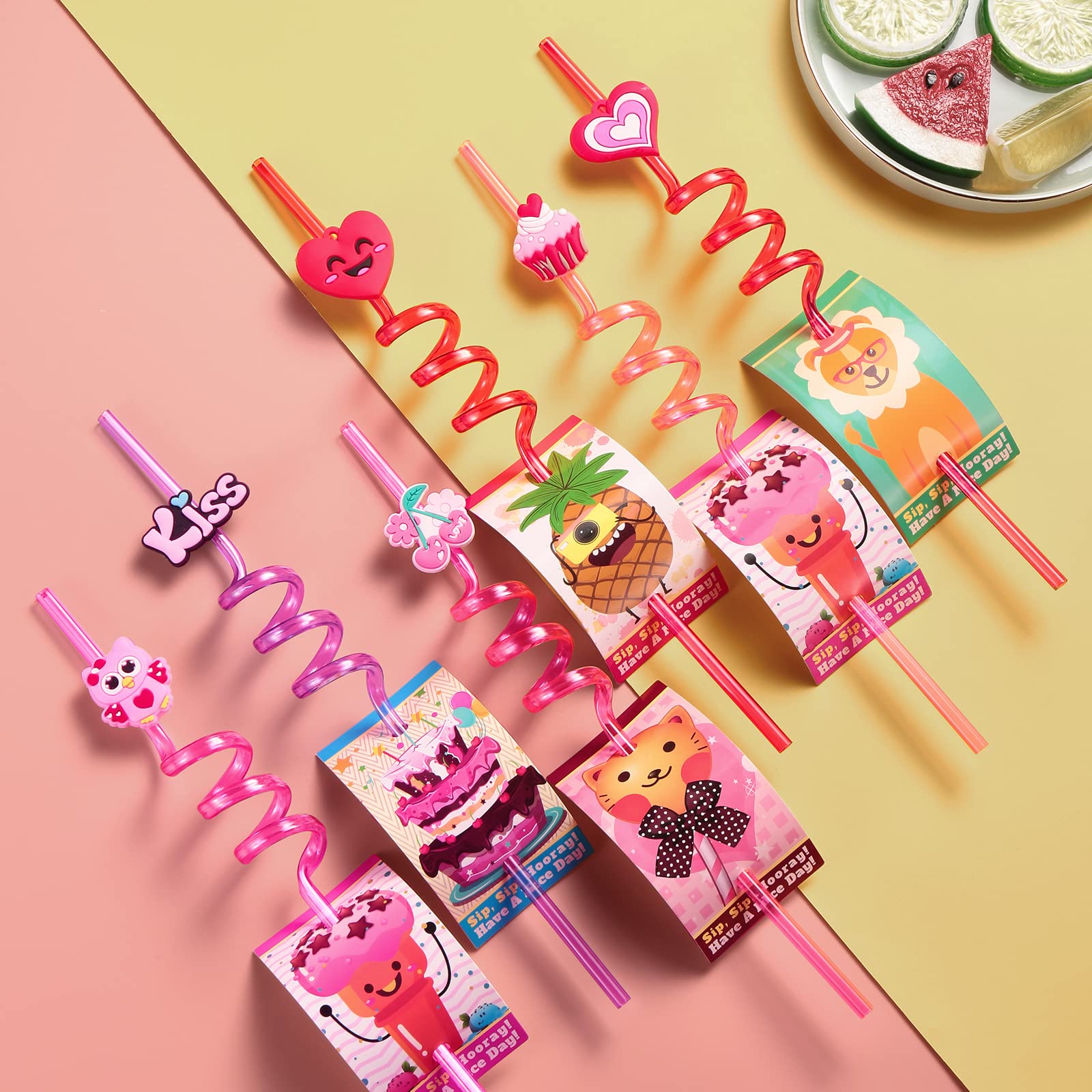 Valentines Day Party Favors Bulk 24 Drinking Straws + 30 Cards for Kids Valentine's Classroom Exchange Prizes Party Supplies with 2 PCS Cleaning Brushes