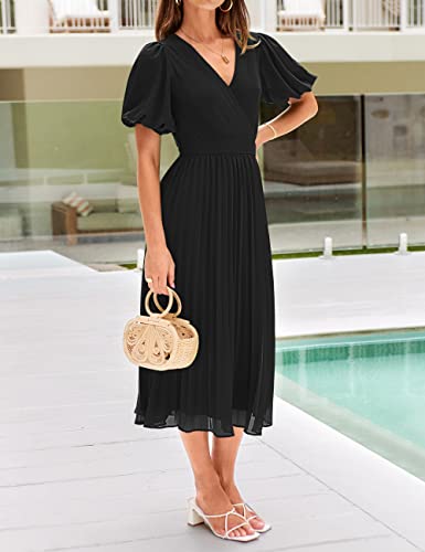 MEROKEETY Womens 2023 Summer Puff Sleeve Wrap V Neck Pleated Flowy Midi Dress for Wedding Guest,Black,M