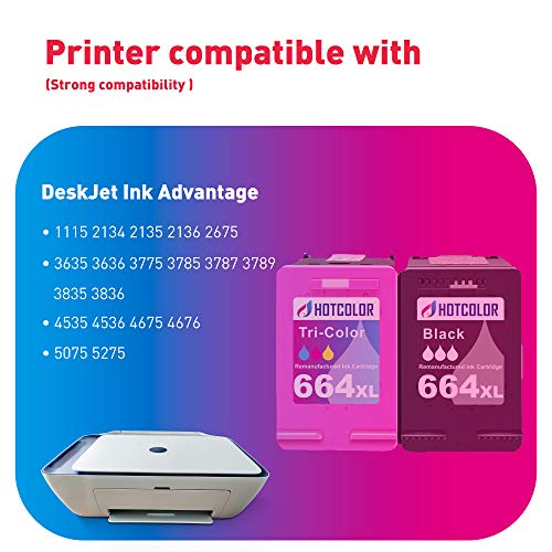 HOTCOLOR 664XL Black Remanufactured Ink Cartridge Replacement for HP 664XL Ink Cartridge for deskjet 2135 Ink 3635 (2Black, 2Pack)