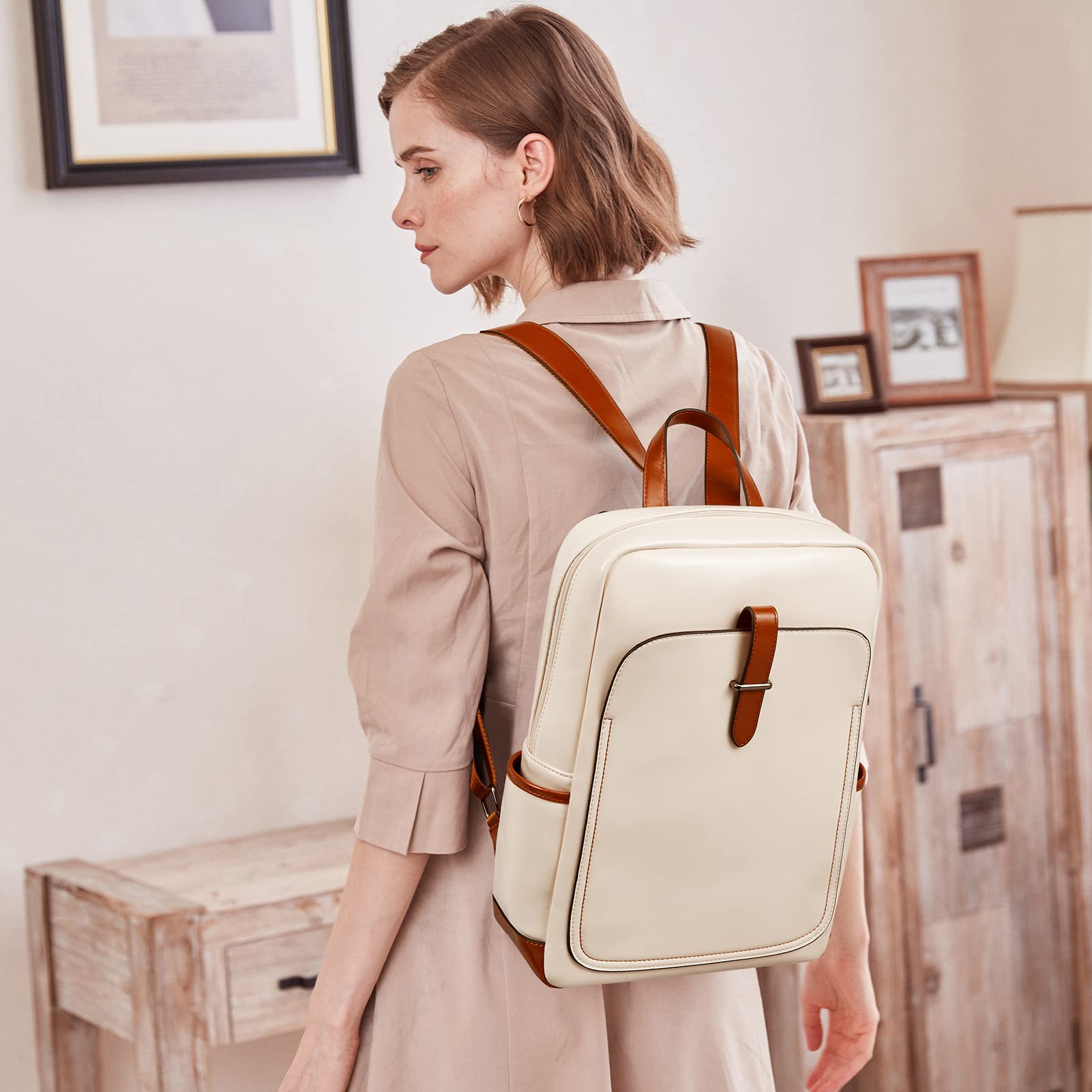 BROMEN Leather Laptop Backpack for Women 15.6 inch Computer Backpack Business Travel Professional Work Daypack College Bag Brown