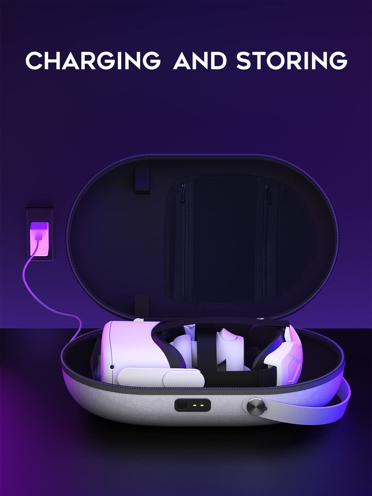 DESTEK OC1 Charging Carrying Case for Quest 2 Accessories, 3 in 1 Magnetic Charging Station for VR Host, Battery Head Strap and Storage, 2.5 Hours Fast Charging and Large Space - Fabric Version