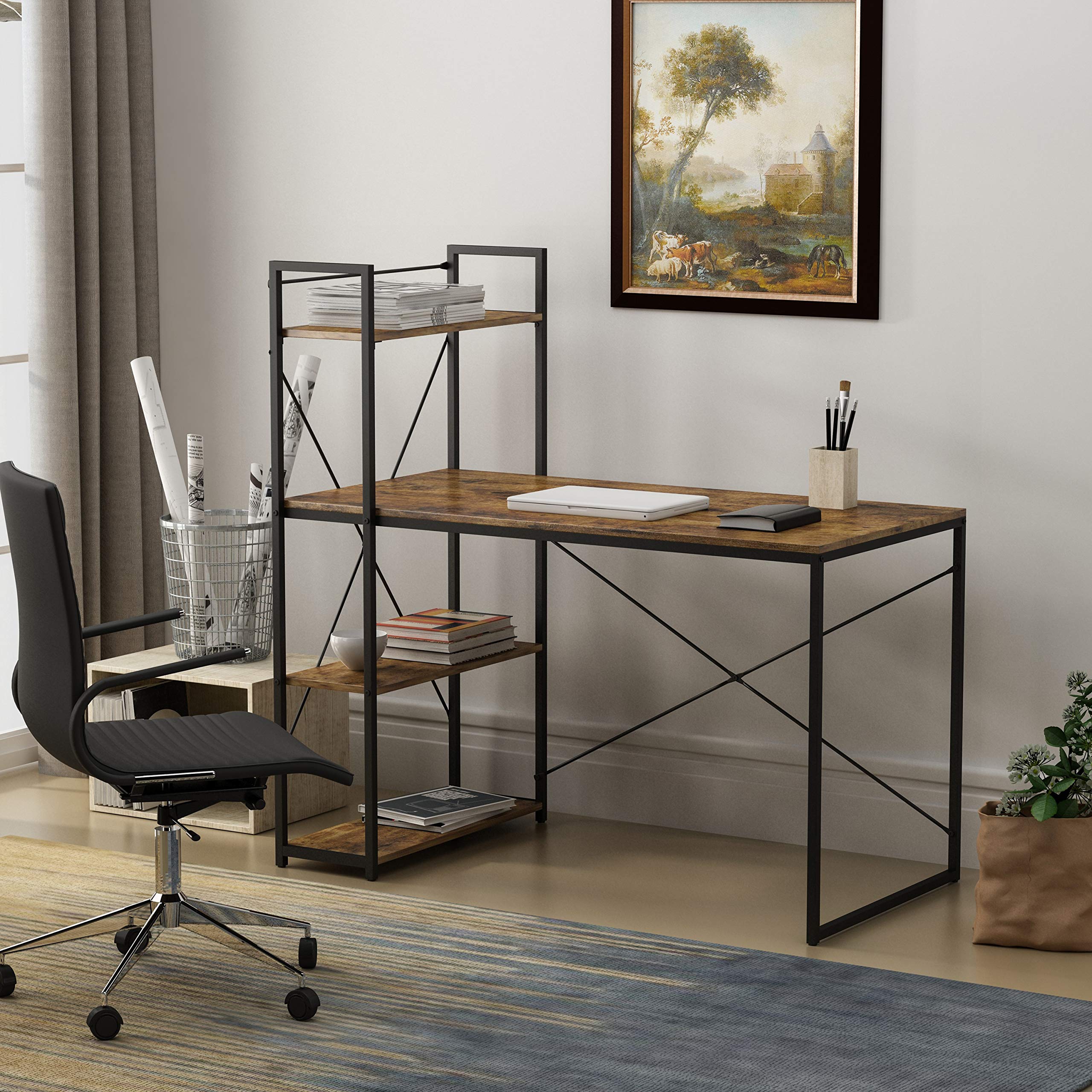 Computer Desk with Three Shelves 47 Inch,Home Office Desk with Storage Bookshelf, Study Writing Desk Industrial Style PC Laptop Table,Easy Assemble (Multi)