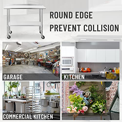 Stainless Steel Table for Prep & Work 24 x 60 Inches with Caster Wheels, NSF Commercial Heavy Duty Table with Undershelf and Backsplash for Restaurant, Home and Hotel